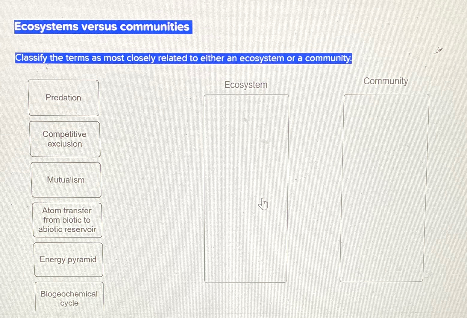Solved Ecosystems versus communitiesClassify the terms as | Chegg.com