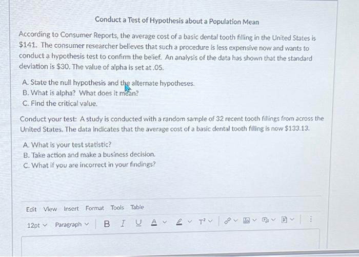 Solved Conduct a Test of Hypothesis about a Population Mean | Chegg.com