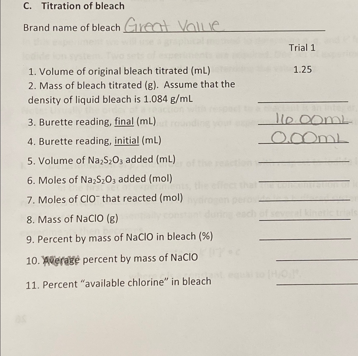 Solved C. ﻿Titration of bleachBrand name of bleach Great | Chegg.com