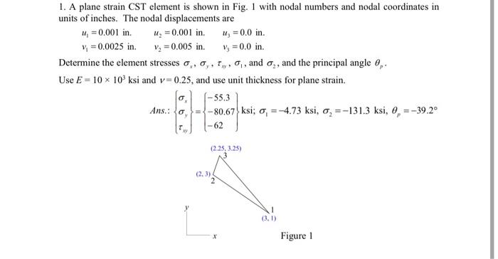 Solved 1. A plane strain CST element is shown in Fig. 1 with | Chegg.com