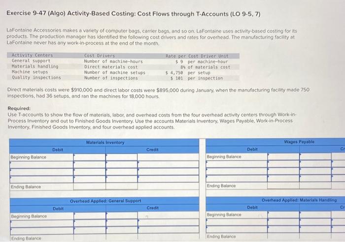 Exercise 9-47 (Algo) Activity-Based Costing: Cost | Chegg.com