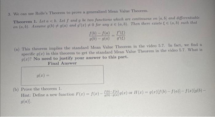 Solved 3. We can use Rolle's Theorem to prove a generalized | Chegg.com