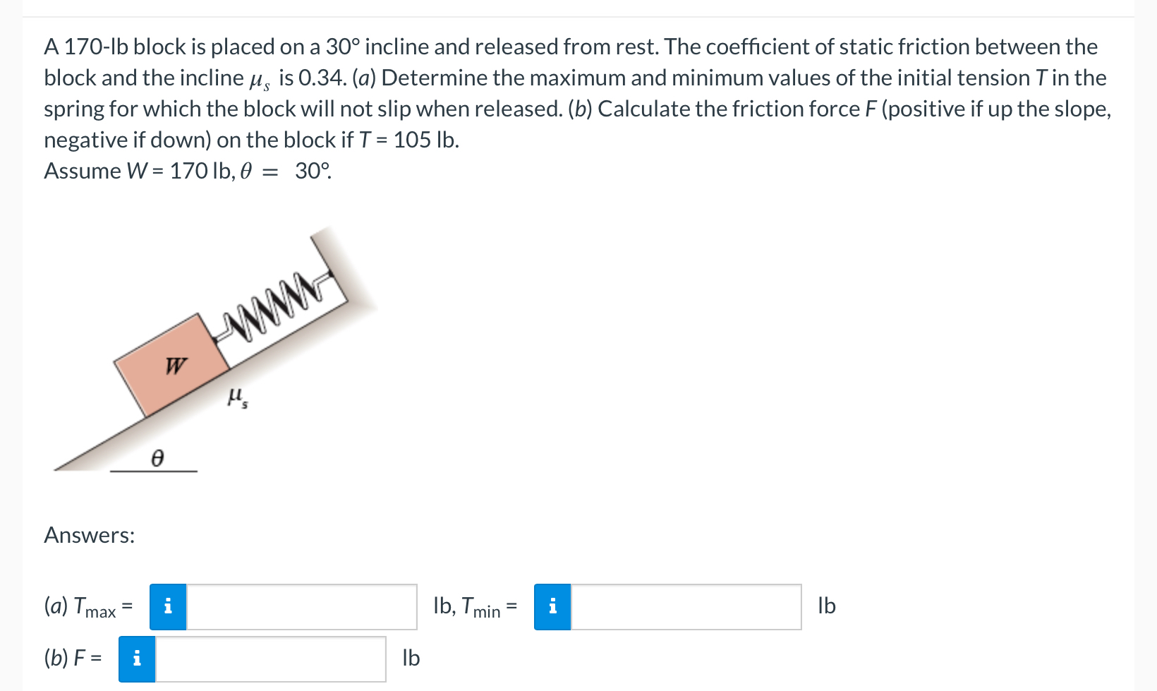 Solved by an EXPERT A 170-lb block is placed on a 30° ﻿incline and | Chegg.com