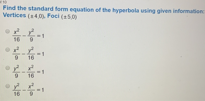 Solved 110 Find the standard form equation of the hyperbola | Chegg.com