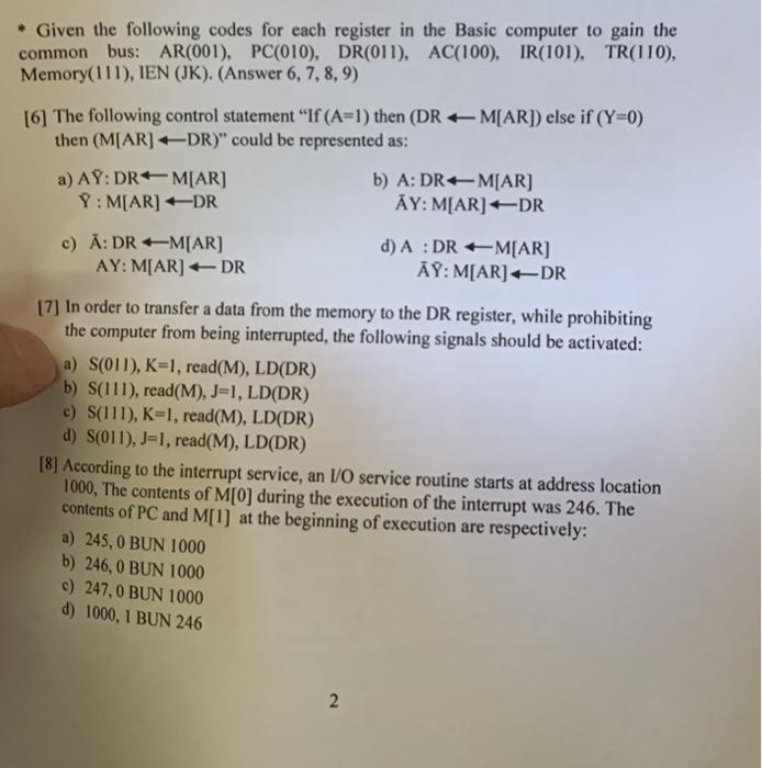 Solved Given the following codes for each register in the | Chegg.com