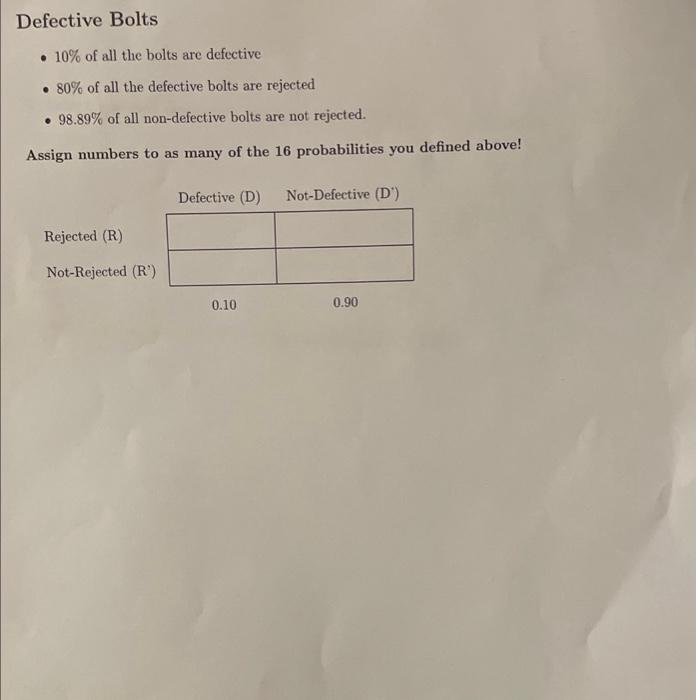 Solved Defective Bolts - 10% of all the bolts are defective | Chegg.com