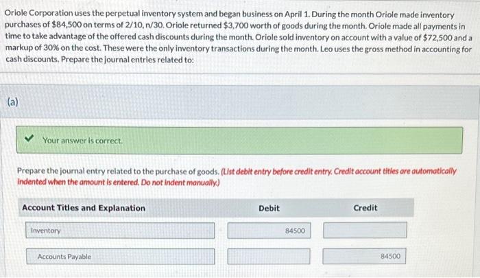Solved Oriole Corporation uses the perpetual inventory | Chegg.com