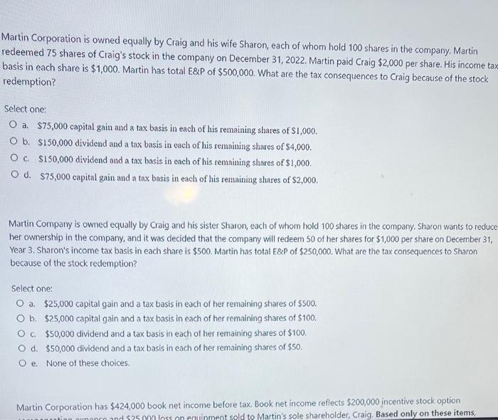 Solved Martin Corporation is owned equally by Craig and his | Chegg.com
