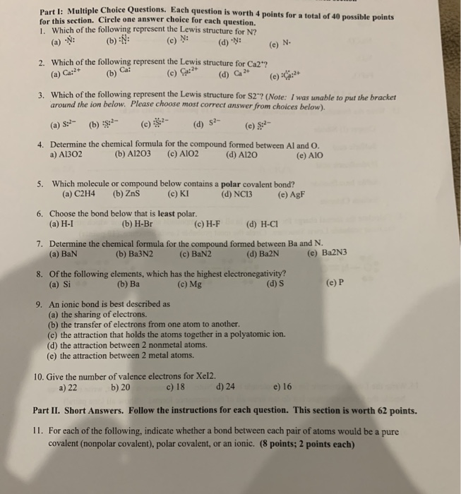Solved Part l: Multiple Choice Questions. Each question is | Chegg.com