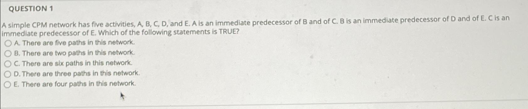 Solved QUESTION 1A simple CPM network has five activities, | Chegg.com
