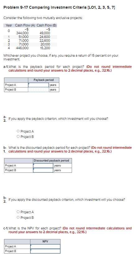 Solved Problem 9.17 ﻿Comparing Investment Criterla | Chegg.com