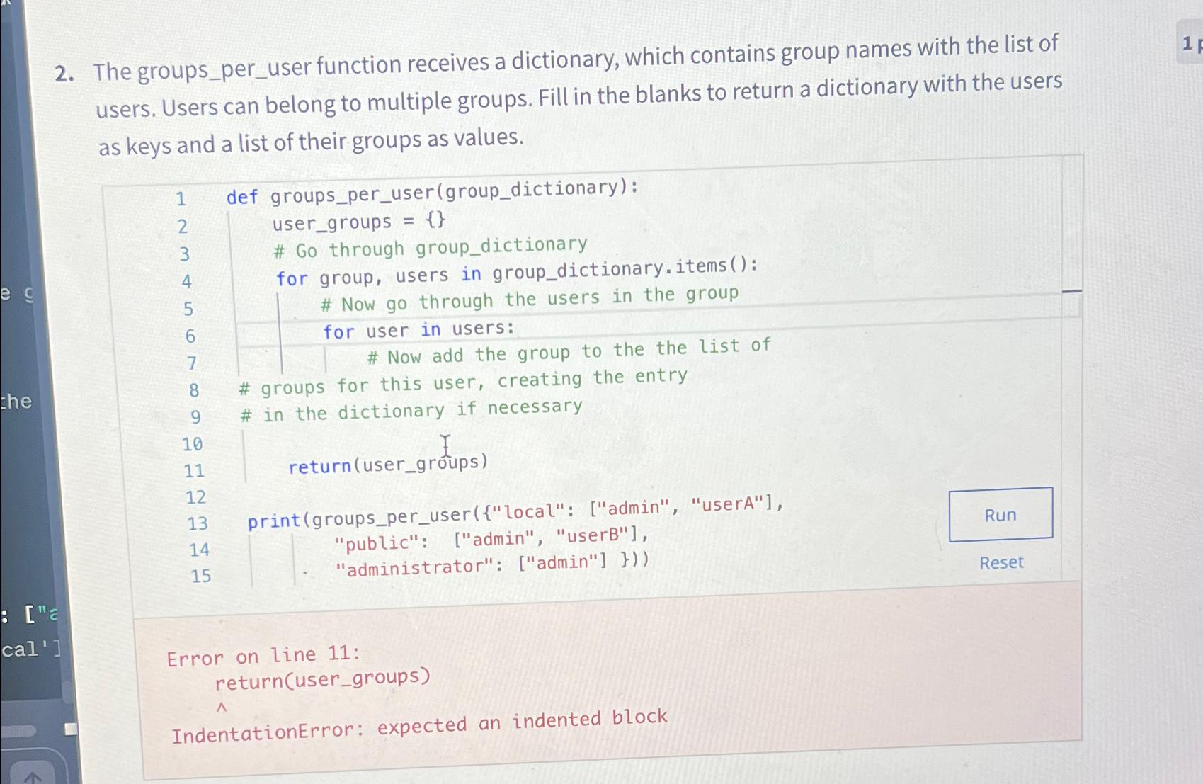 Solved The groups_per_user function receives a dictionary, | Chegg.com