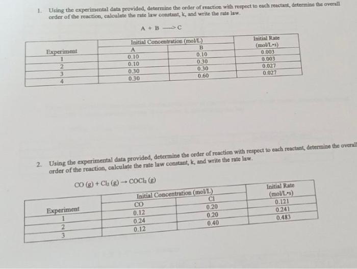Solved 1. Using the experimental data provided, determine | Chegg.com