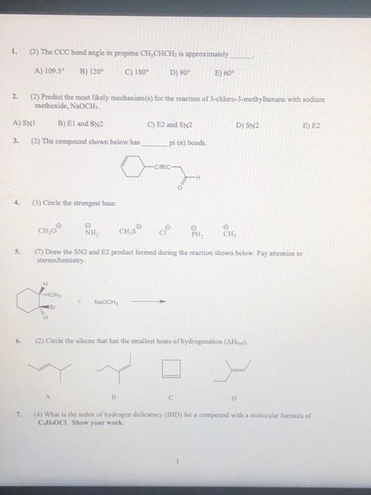 Solved (2) The CCC bond angle in propene CH CHCH, is | Chegg.com