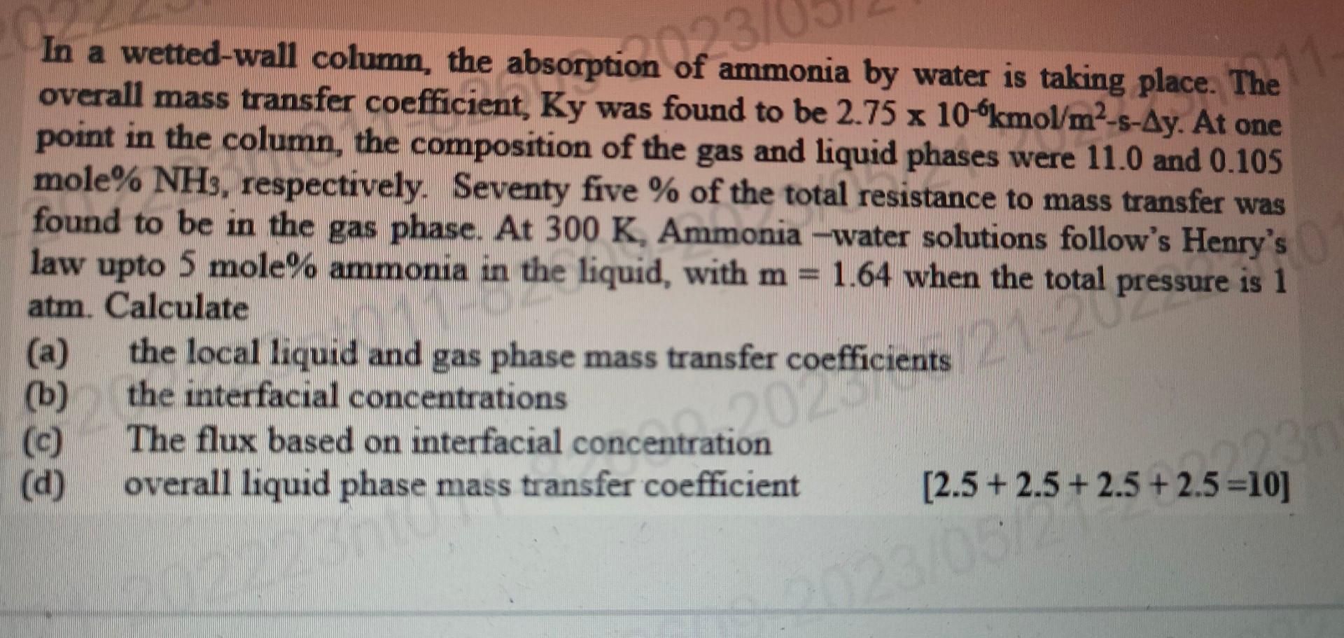 Solved In a wetted-wall column, the absorption of ammonia by | Chegg.com