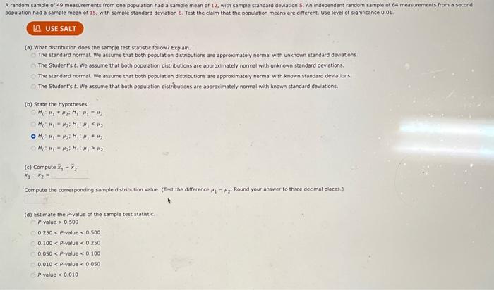 Solved random sample of 49 measurements from one population | Chegg.com Solved random sample of 49 measurements from one population | Chegg.com