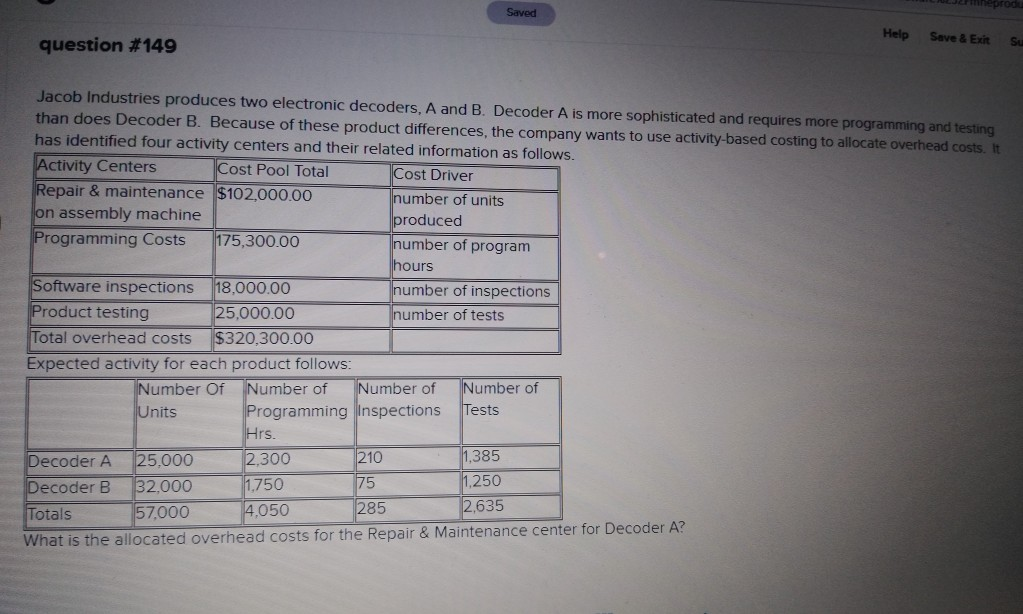 Solved Saved Help Save & Exit question #149 Jacob Industries | Chegg.com