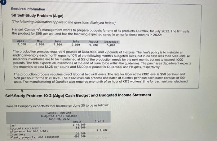 Solved Required information SB Self-Study Problem (Algo) | Chegg.com