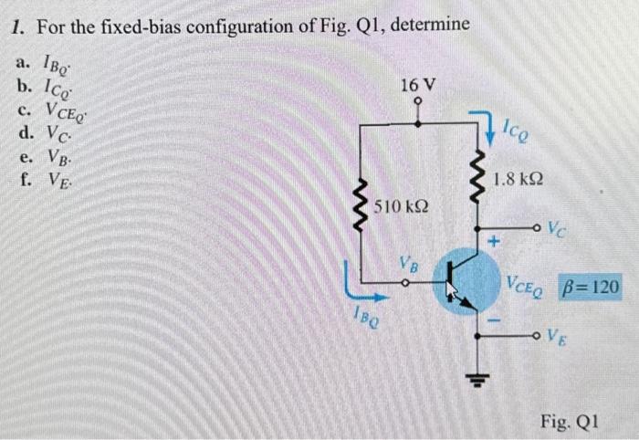Solved 1. For the fixed-bias configuration of Fig. Q1, | Chegg.com