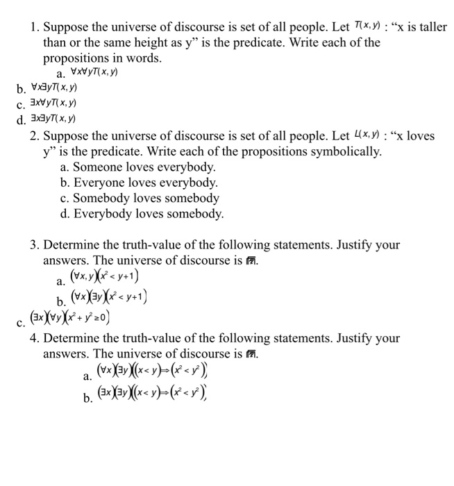Solved 1. Suppose the universe of discourse is set of all | Chegg.com