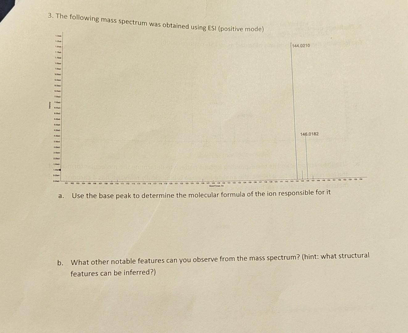 3. The following mass spectrum was obtained using FsI | Chegg.com