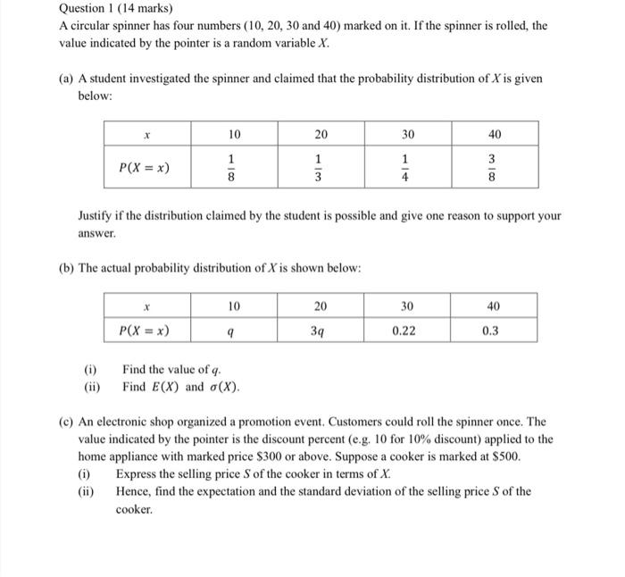Solved Question 1 (14 marks) A circular spinner has four | Chegg.com