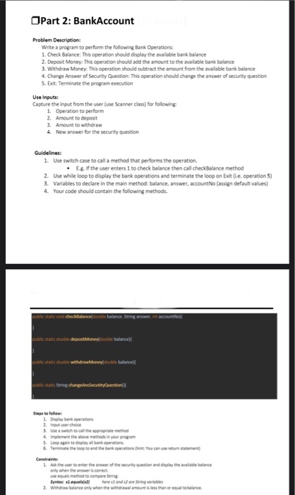 Solved OPart 2: BankAccount Problem Description: Write a | Chegg.com