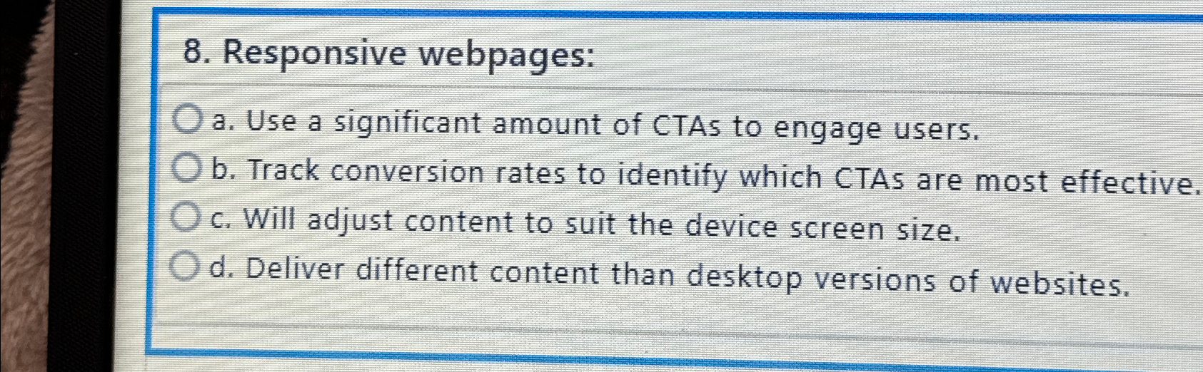 Solved Responsive webpages:a. ﻿Use a significant amount of | Chegg.com