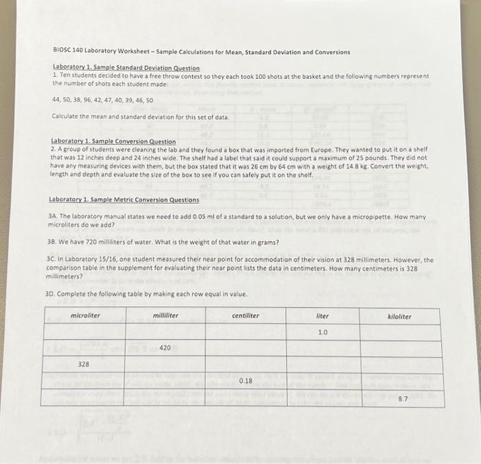 Solved BIOSC 140 Laboratory Worksheet - Sample Calculations | Chegg.com
