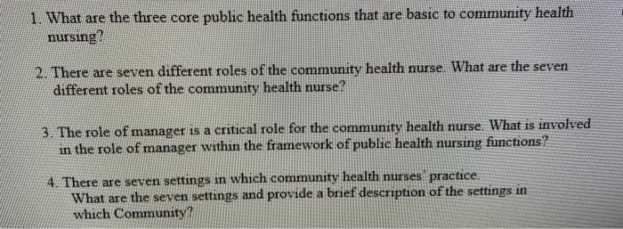Solved 1. What are the three core public health functions | Chegg.com