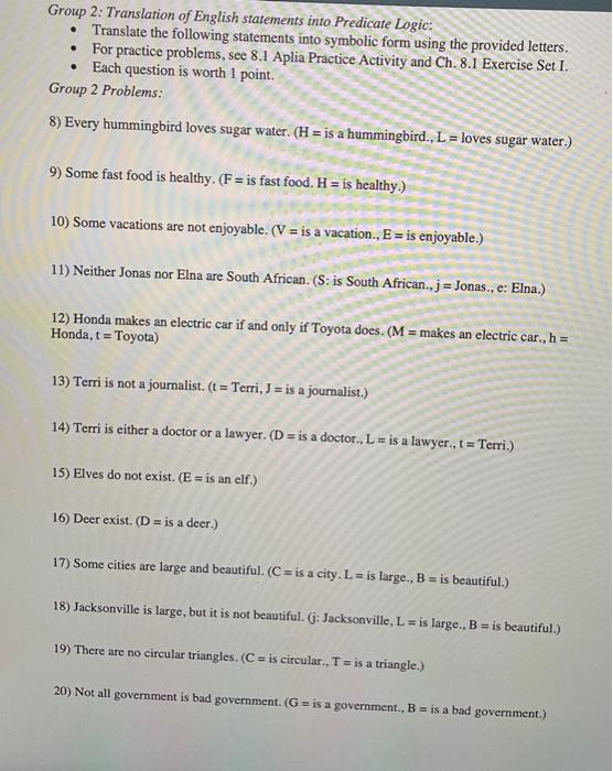 Solved Group 2: Translation of English statements into | Chegg.com