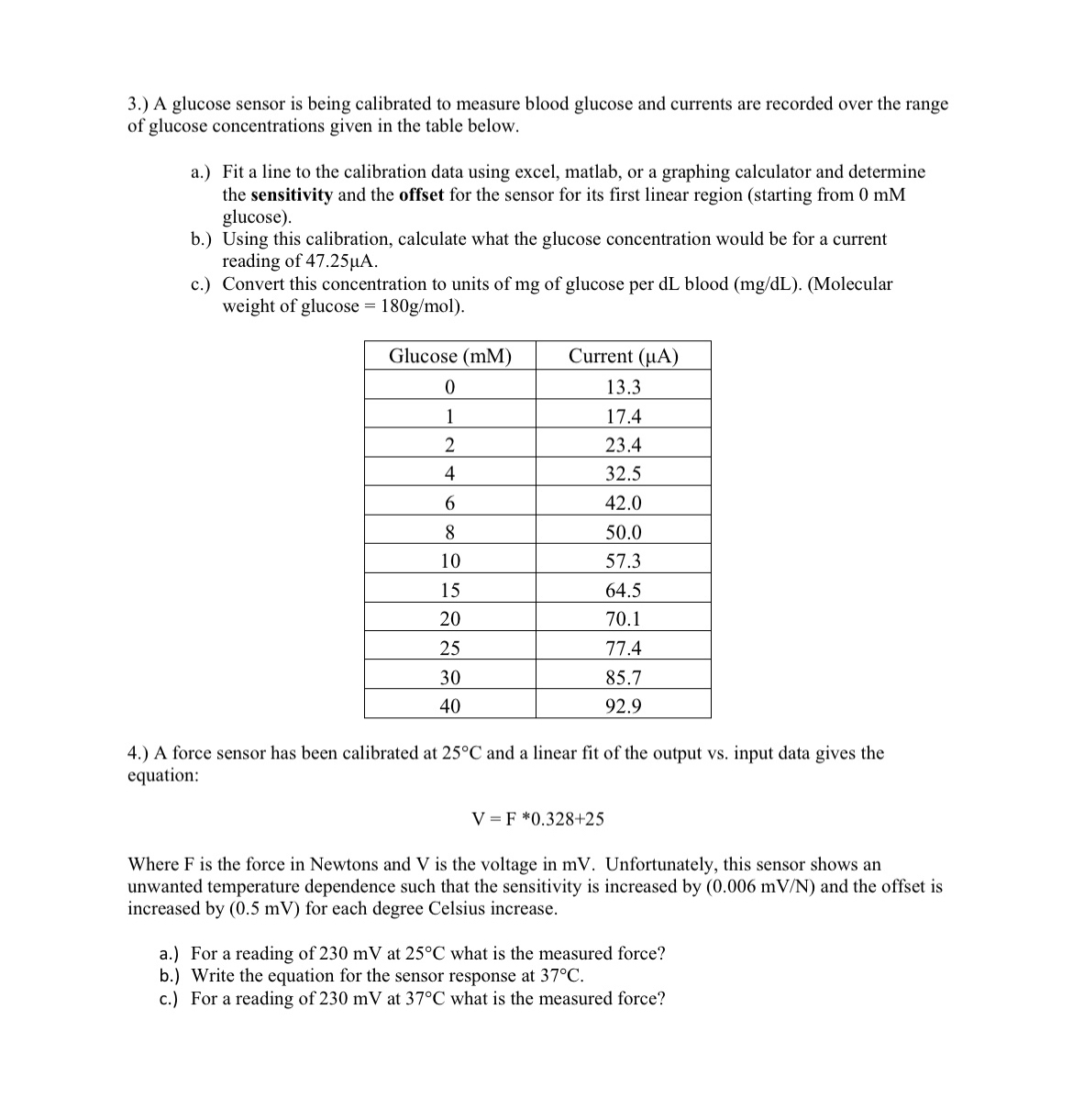 Solved 3.) ﻿A glucose sensor is being calibrated to measure | Chegg.com