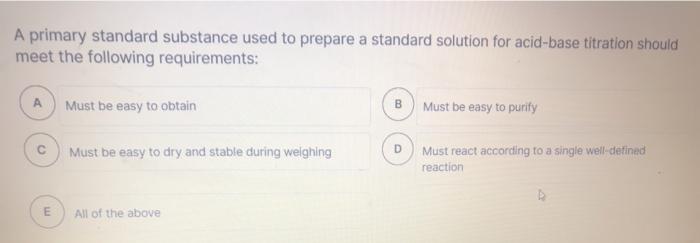 Solved A primary standard substance used to prepare a | Chegg.com