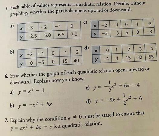 Solved 5. Each table of values represents a quadratic | Chegg.com