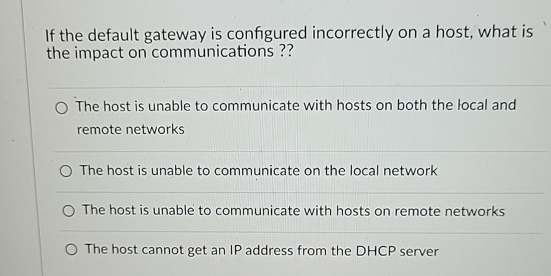 Solved If the default gateway is configured incorrectly on a | Chegg.com