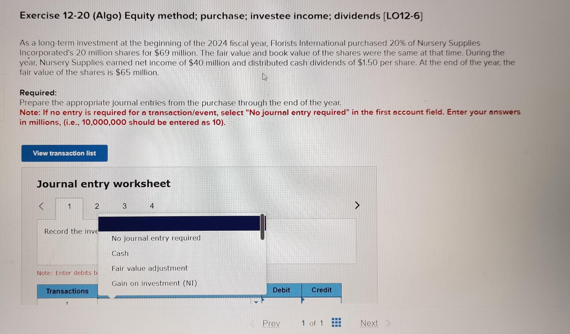 Solved Exercise 12-20 (Algo) Equity method; purchase; | Chegg.com