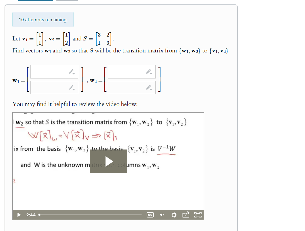 Solved 10 ﻿attempts remaining.Let v1=[11],v2=[12] ﻿and | Chegg.com