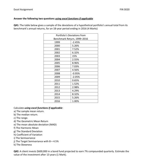 Excel Assignment FIN 3020 Answer the following two | Chegg.com
