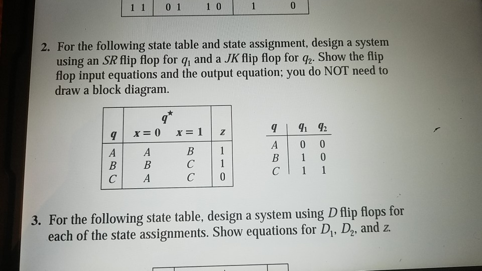 Solved 11 01 10 1 0 2. For the following state table and | Chegg.com
