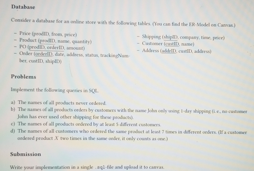 Solved Database Consider a database for an online store with | Chegg.com
