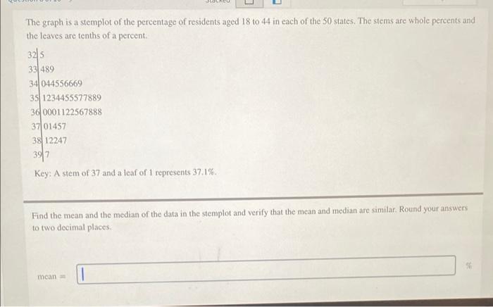 Solved The graph is a stemplot of the percentage of | Chegg.com | Chegg.com