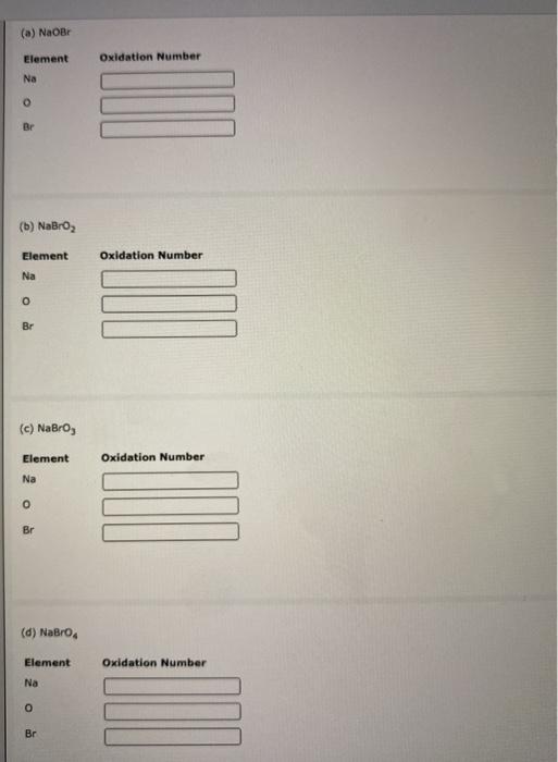Solved (a) NaBr Oxidation Number Element Na Br (b) NaBro, | Chegg.com