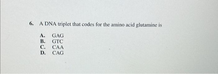 Solved 6. A DNA triplet that codes for the amino acid | Chegg.com
