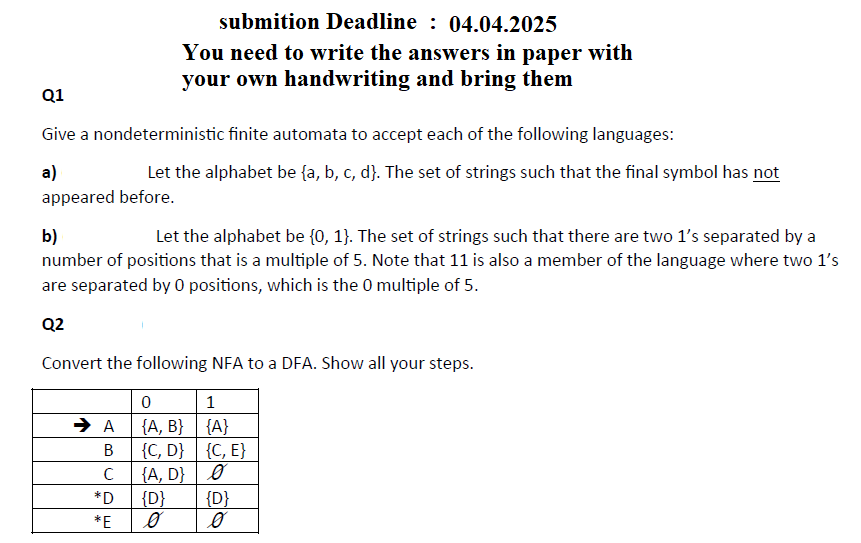 Solved Q1 ﻿Give a nondeterministic finite automata to accept | Chegg.com