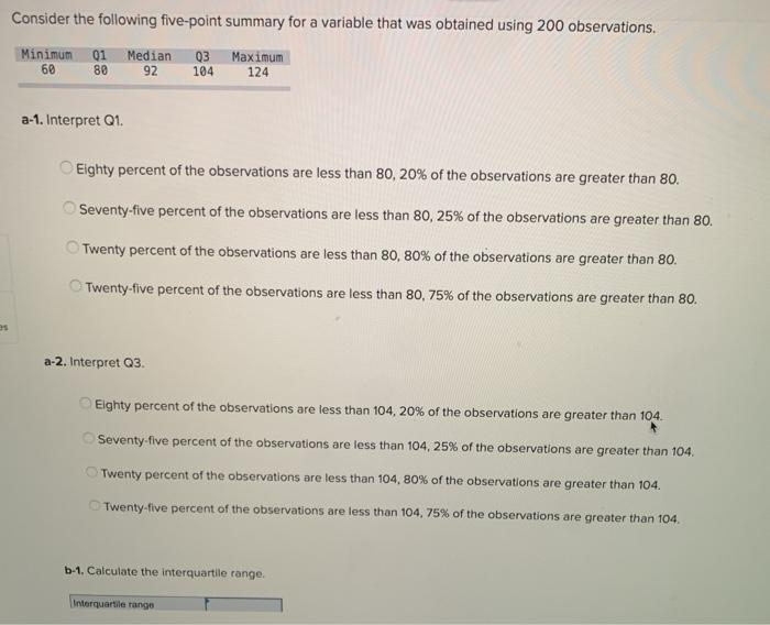Solved Consider the following five-point summary for a | Chegg.com