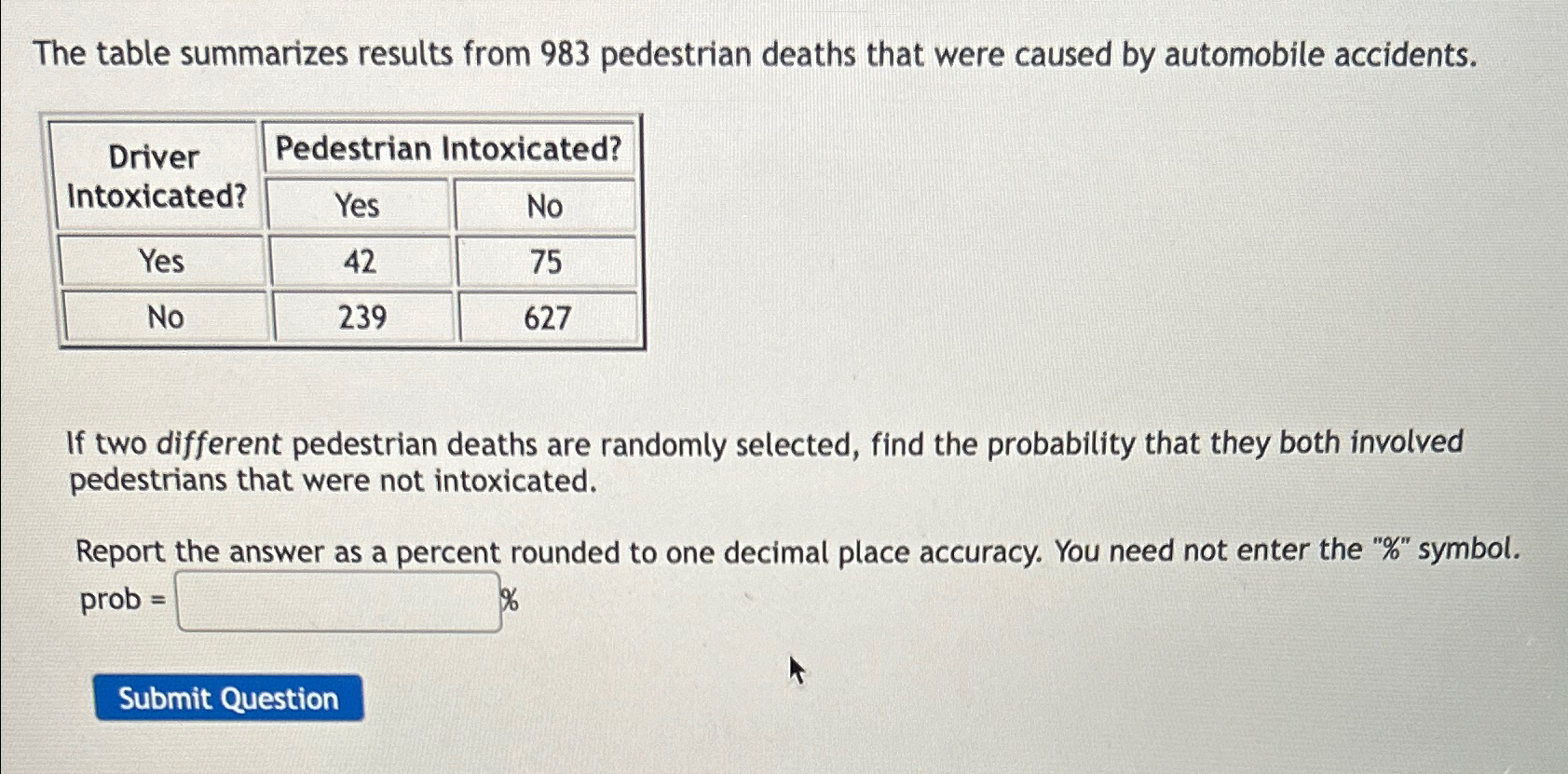 Solved The table summarizes results from 983 ﻿pedestrian | Chegg.com