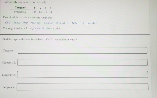 Solved Consider the one-way frequency table, Category + | Chegg.com