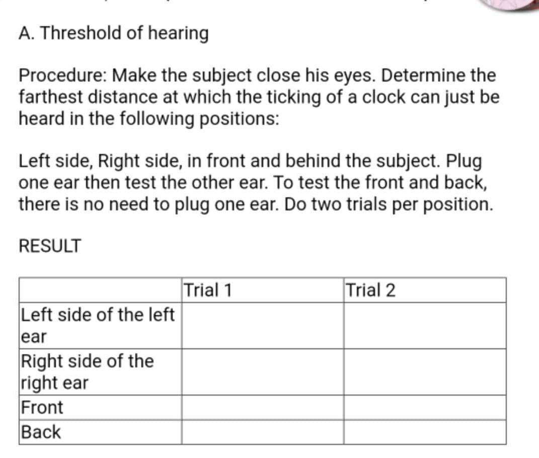 Solved A. Threshold of hearing Procedure: Make the subject | Chegg.com