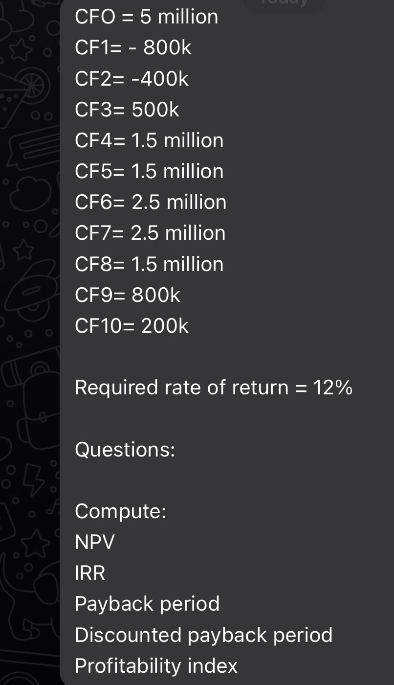 CFO=5 ﻿million CF1=-800kCF2=-400kCF3=500kCF4=1.5 | Chegg.com