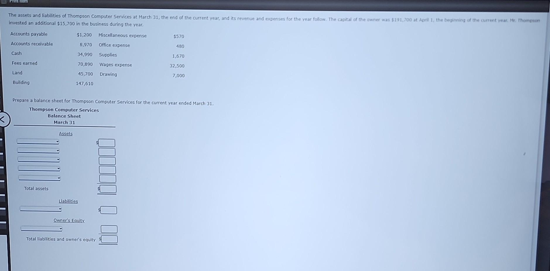 Solved Prepare a balance sheet for Thompson Computer | Chegg.com